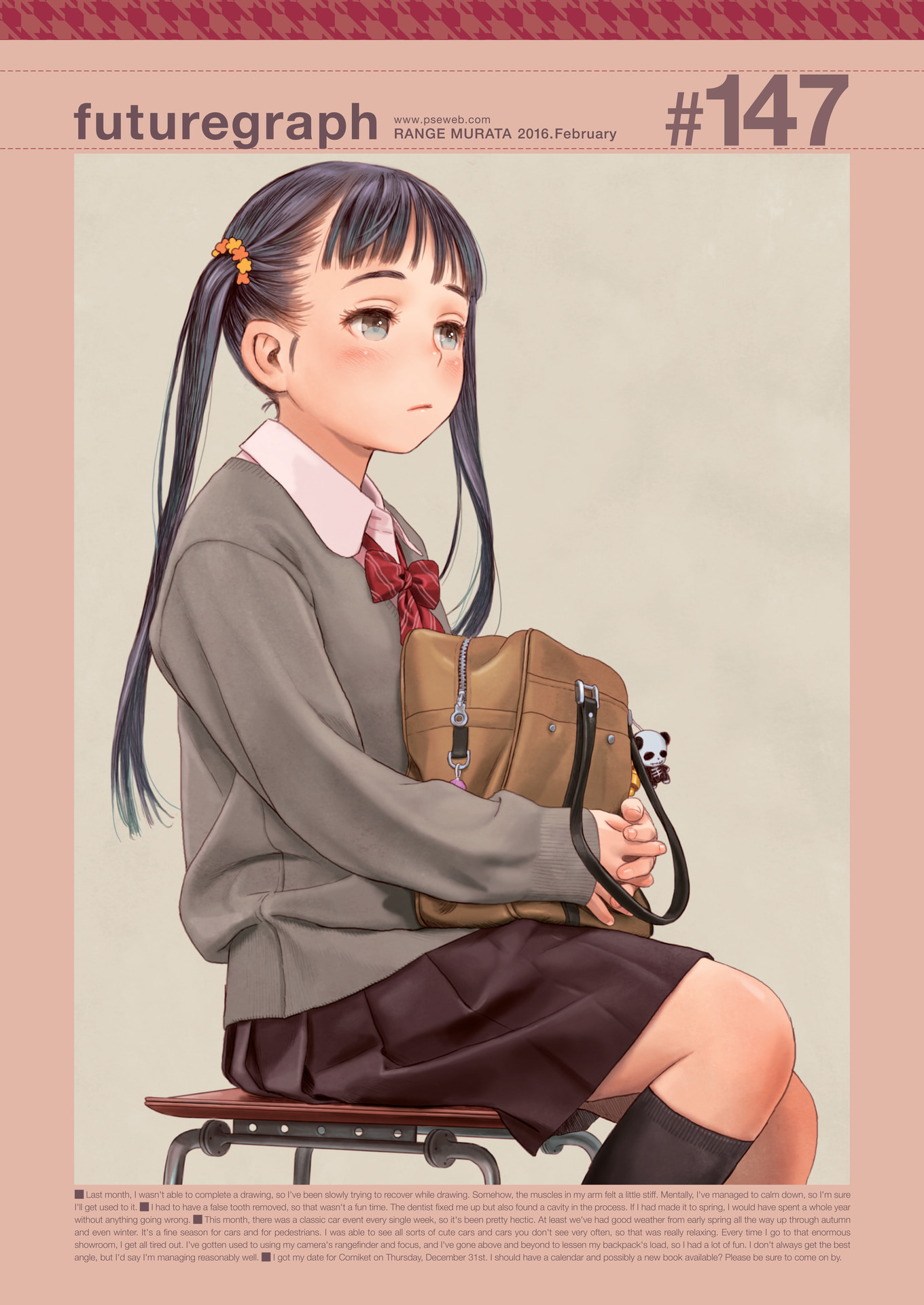 Safebooru - 1girl 2016 :/ artist name bag black hair black legwear blue eyes blush bow bowtie ...